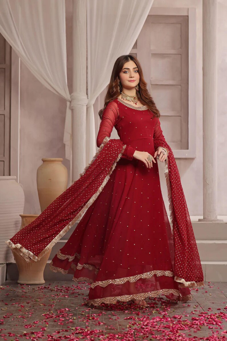 Maroon Pakistani Chiffon Formal Dress | Sequin Frock With Dupatta ...