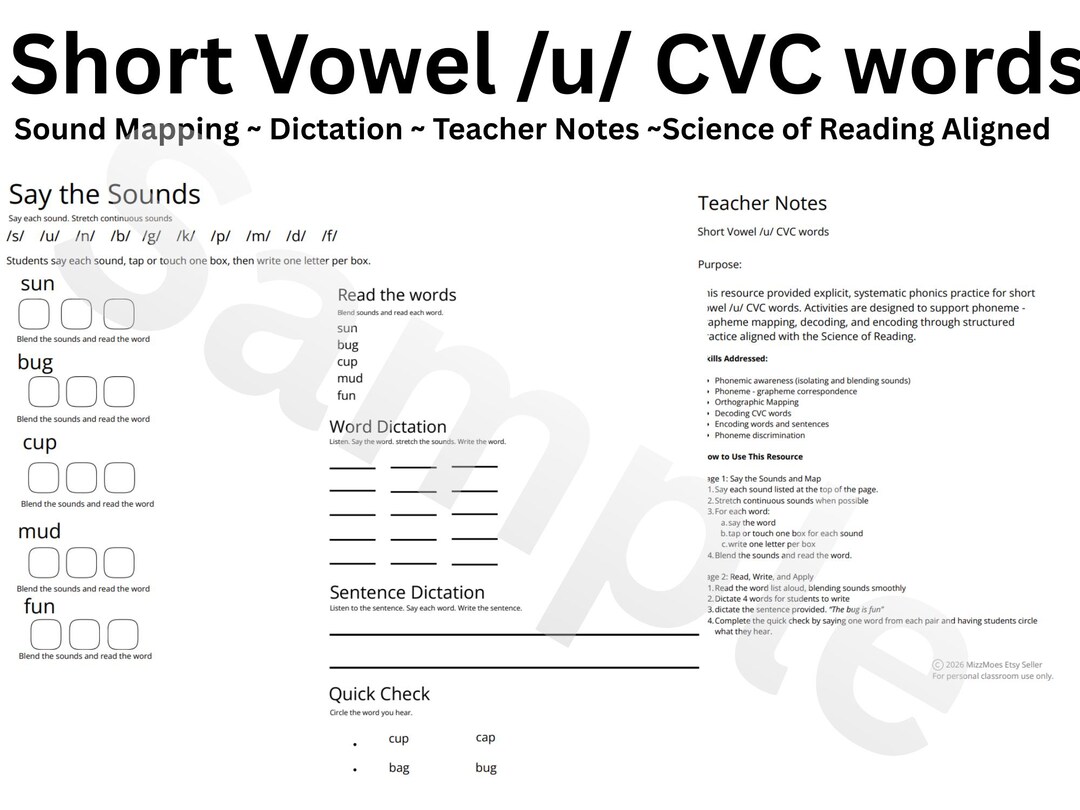 Short Vowel /u/ CVC Phonics Practice - Etsy