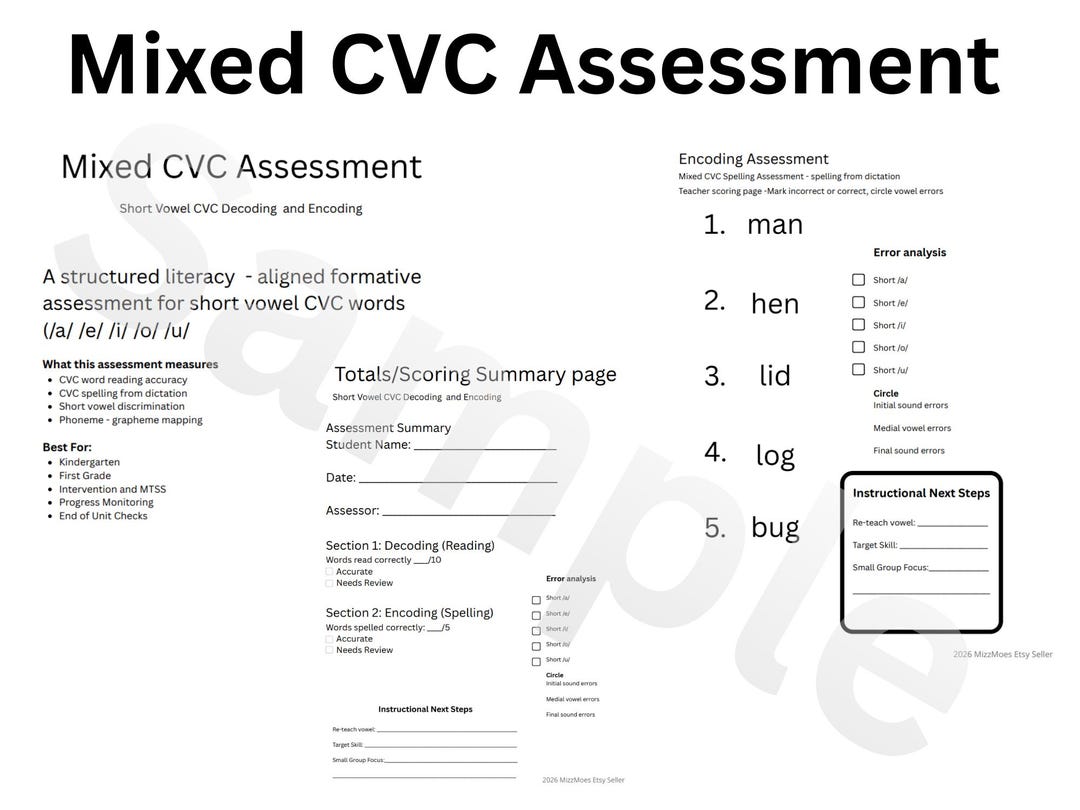 Mixed CVC Assessment ~ Short Vowel ~ Decoding & Encoding ~ Science of ...