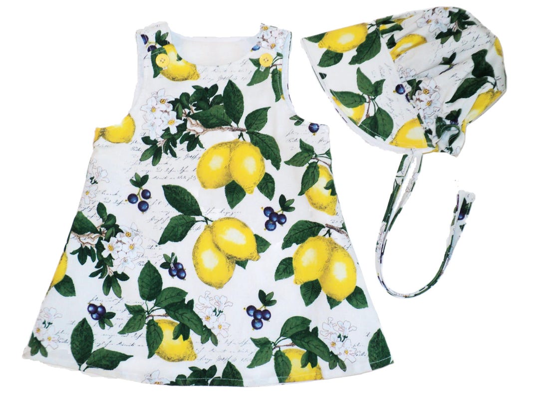 Lemon Baby Girl Outfit, Toddler Dress and Optional Sun Hat, Cotton ...