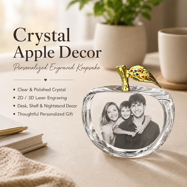 Personalized Photo Crystal Apple Decor, 2D or 3D Inner Engraved ...