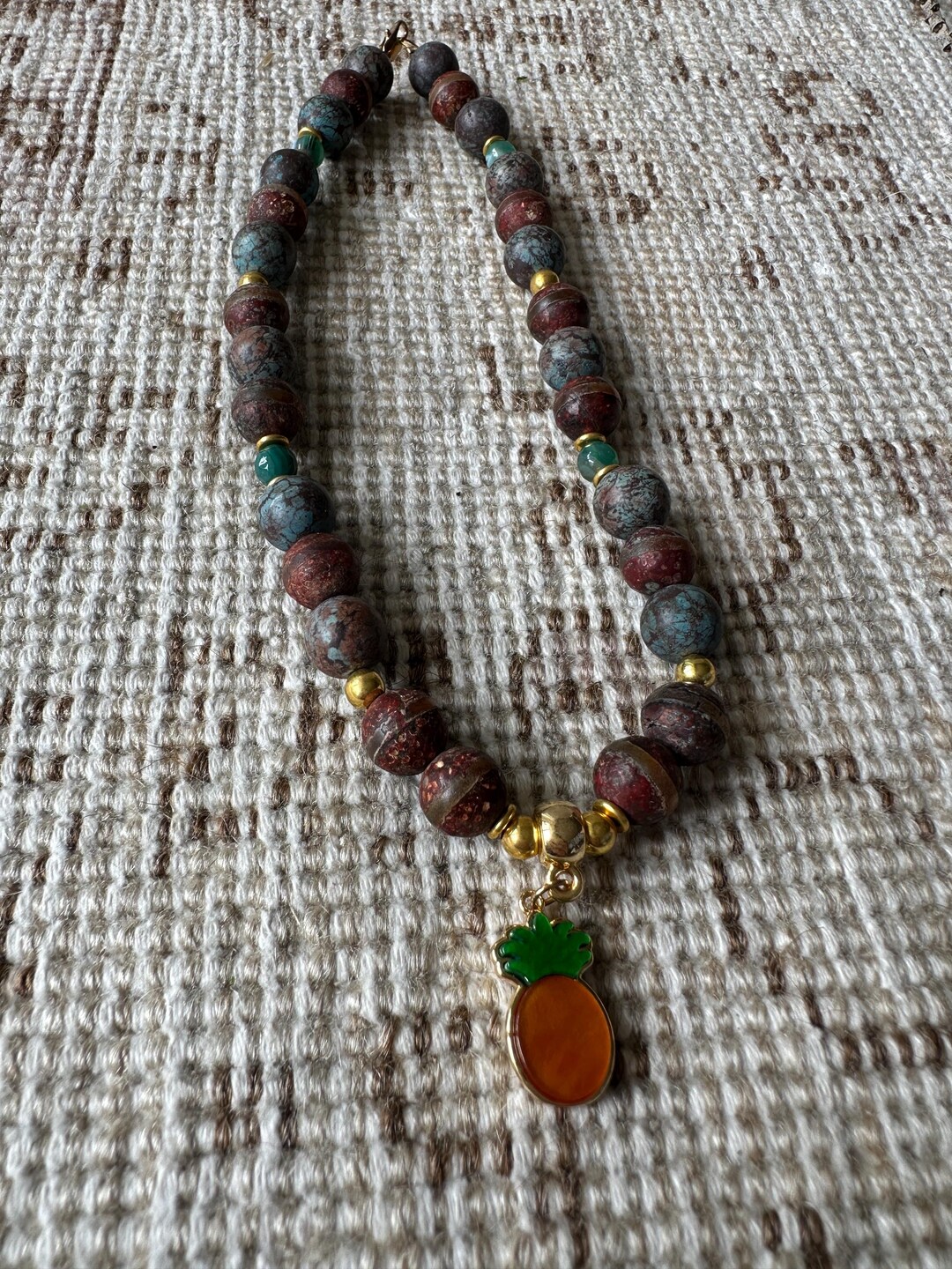 Boho Pineapple Earth Tone Beaded Necklace - Handmade Fruit Charm ...