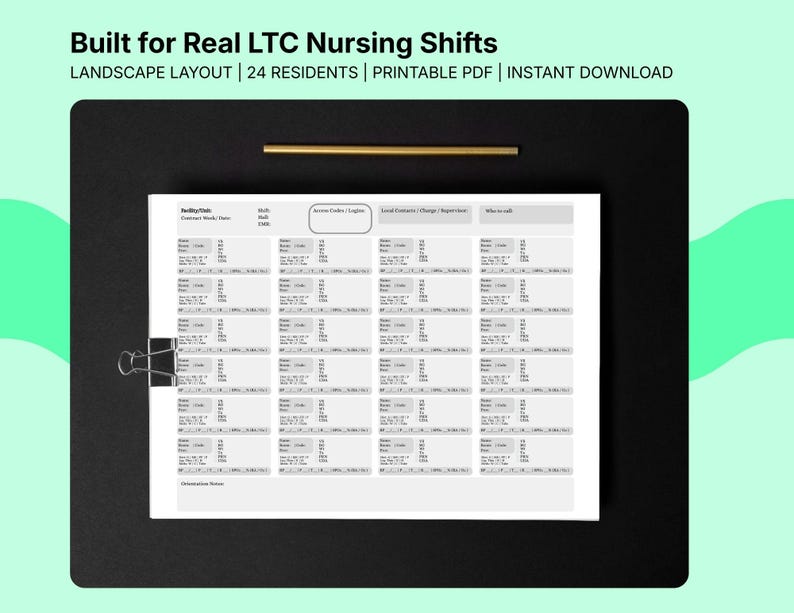 LTC Travel Nurse Report Sheet Printable PDF, SNF Nurse Brain Sheet ...