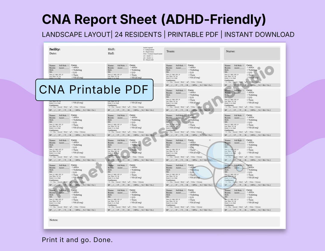 CNA Shift Report Sheet Printable PDF, Long Term Care CNA Brain Sheet ...