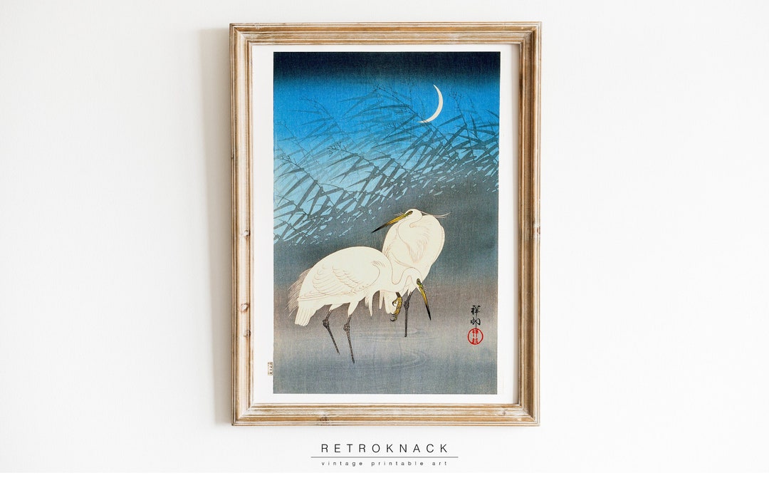 Egrets & Crescent Moon | Japanese Wall Art Printable | Vintage ...