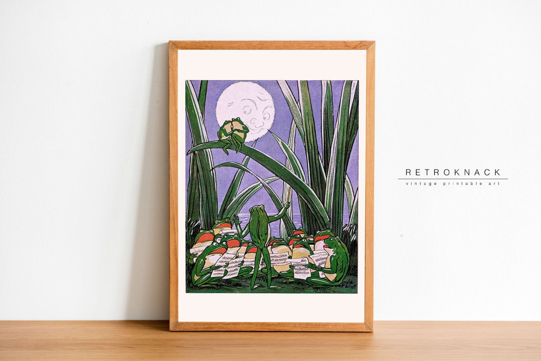 FROGS & Full MOON! | Printable Wall Art | Vintage Illustration Frog’s ...