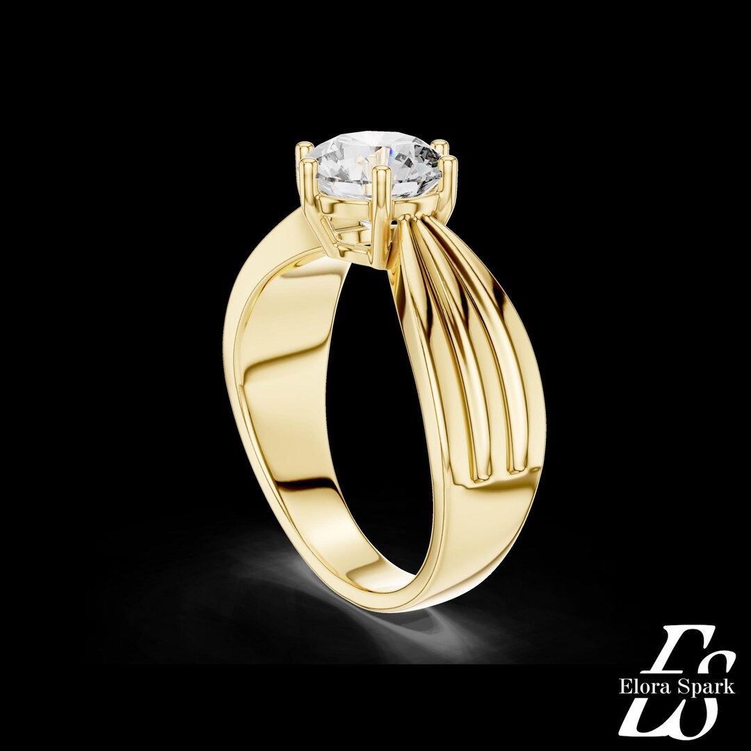 Fluted Shank Solitaire Engagement Ring 925 Sterling Silver Round CZ ...
