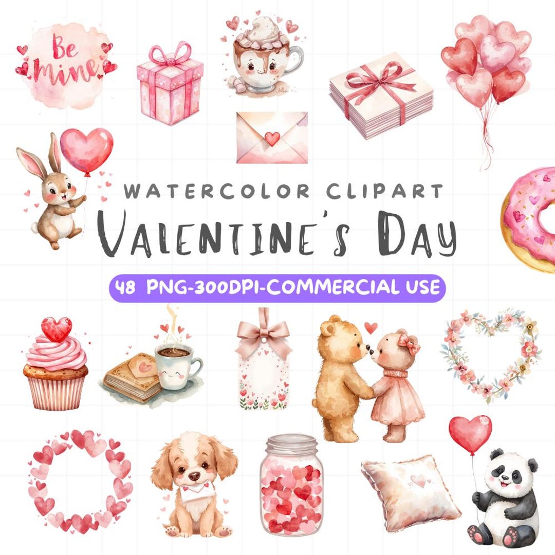 Watercolor Valentine Clipart Bundle | Teddy Bear, Hearts (digital ...