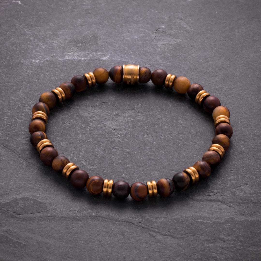 Stainless Steel Brushed Yellow Ip-plated 6mm Matte Finished Tigers Eye ...