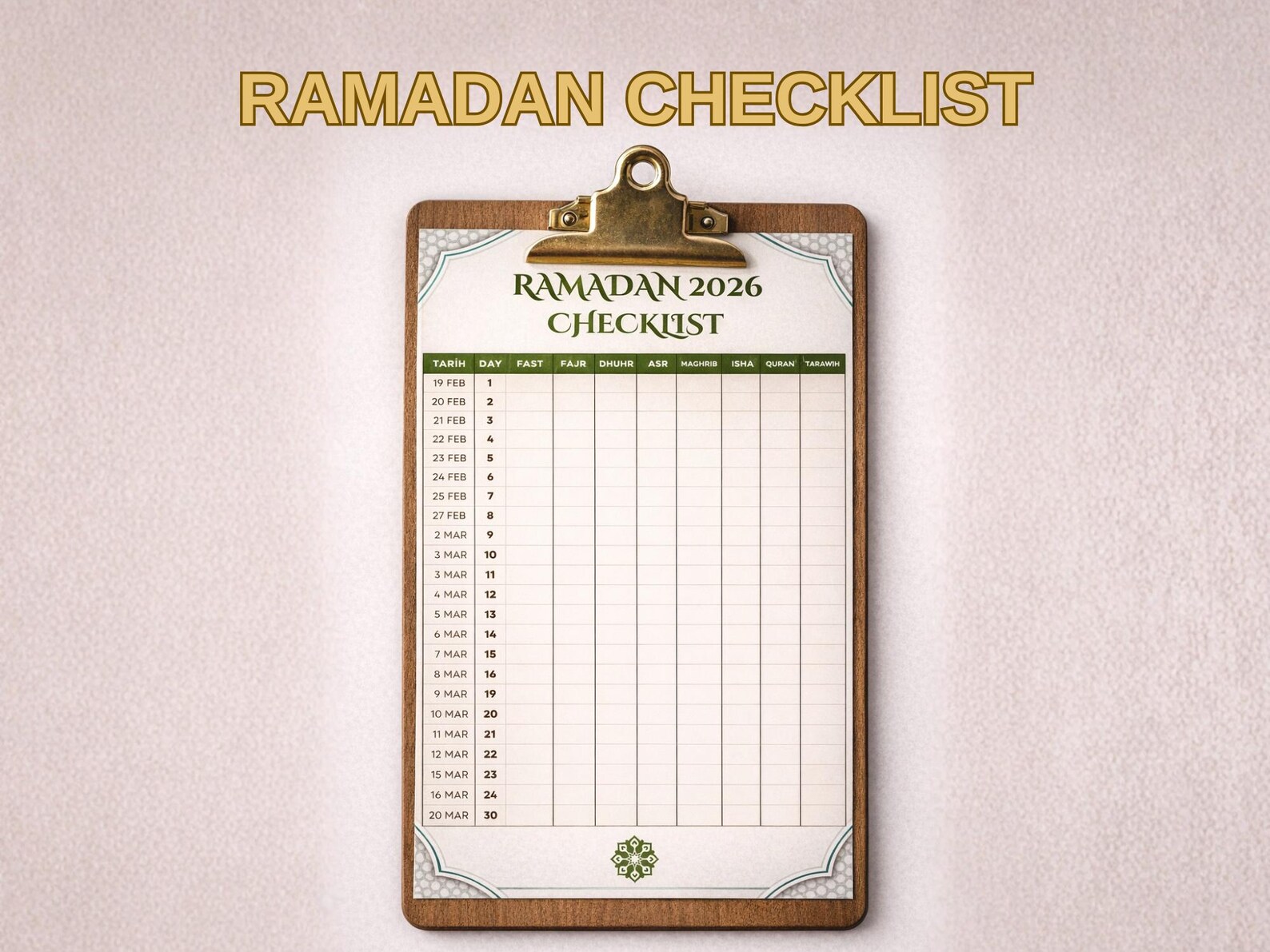 Ramadan 2026 Checklist Printable PDF | Islamic Prayer Tracker | Daily ...