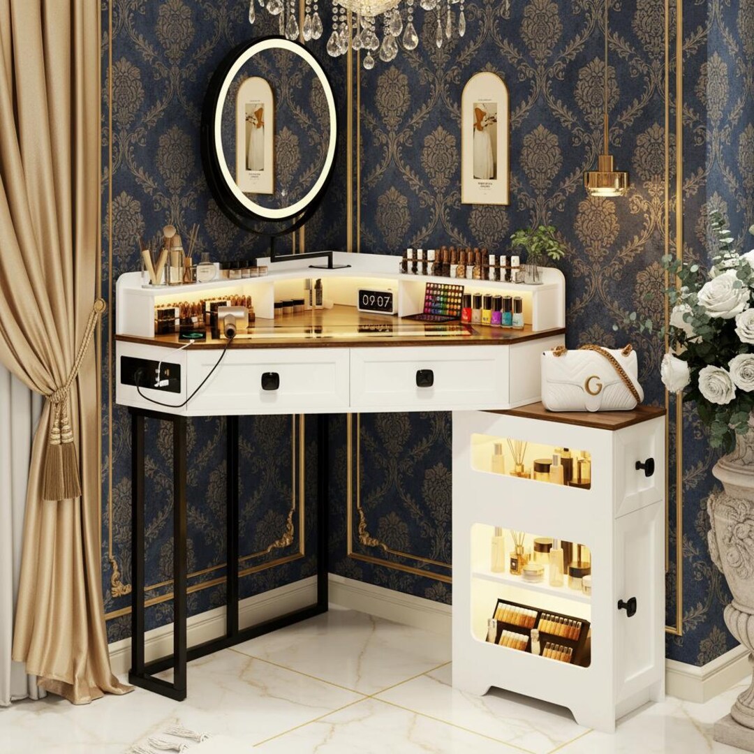 Corner Makeup Vanity Desk With Lighted Mirror, Charging Station & Stool ...