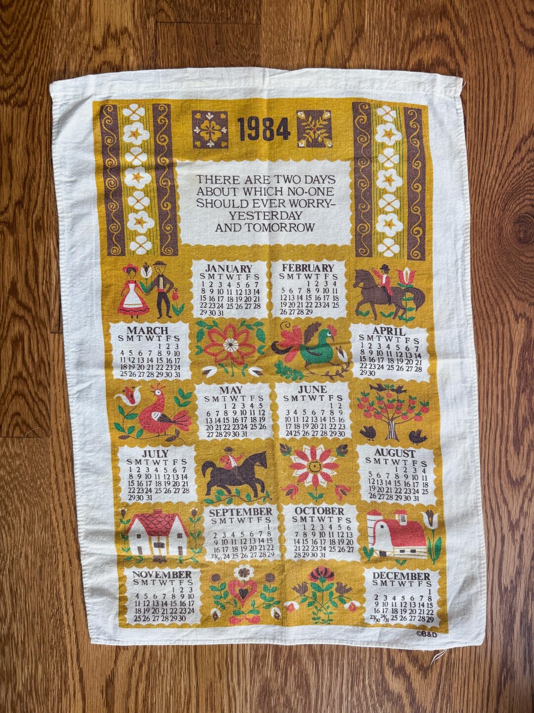Vintage 1984 Calendar Dish Towel | Folk Art Kitchen Decor Authentic ...