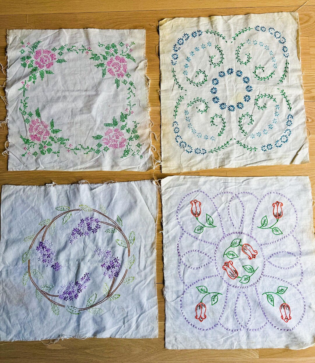 Vintage Embroidered Quilt Blocks Floral Patterns Bright Embroidery ...