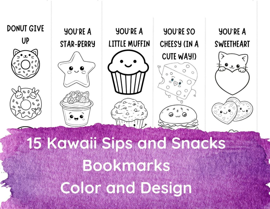Kawaii Food Bookmarks • Printable Sips and Snacks, Coloring Book Style ...