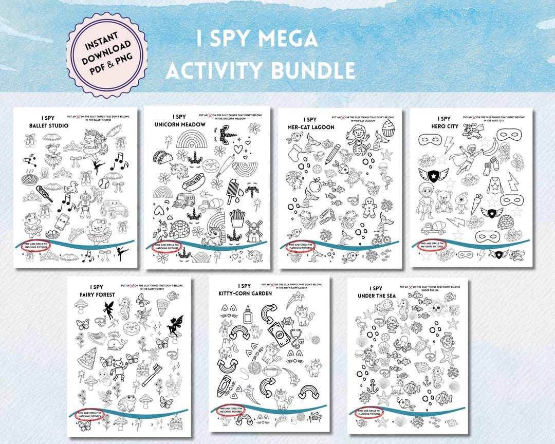 I Spy Activity Sheets • 7 Themed Eye Spy Game for Kids (PDF + PNG ...