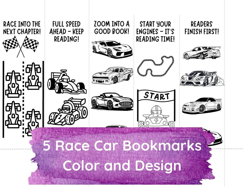 Race Car Coloring Bookmarks — 5 Printable Bookmarks (8.5x11 Sheet) - Etsy
