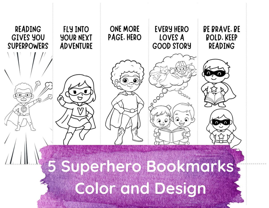 Superhero Coloring Bookmarks — 5 Printable Bookmarks (8.5x11 Sheet) - Etsy