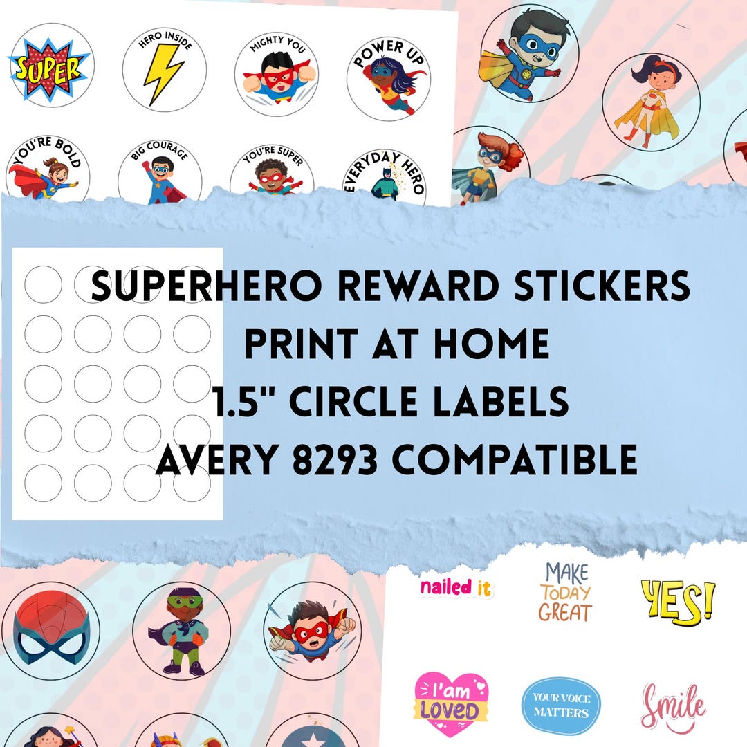SUPERHERO REWARD STICKERS - | Avery 8293 Compatible | 1.5 Inch Circle ...