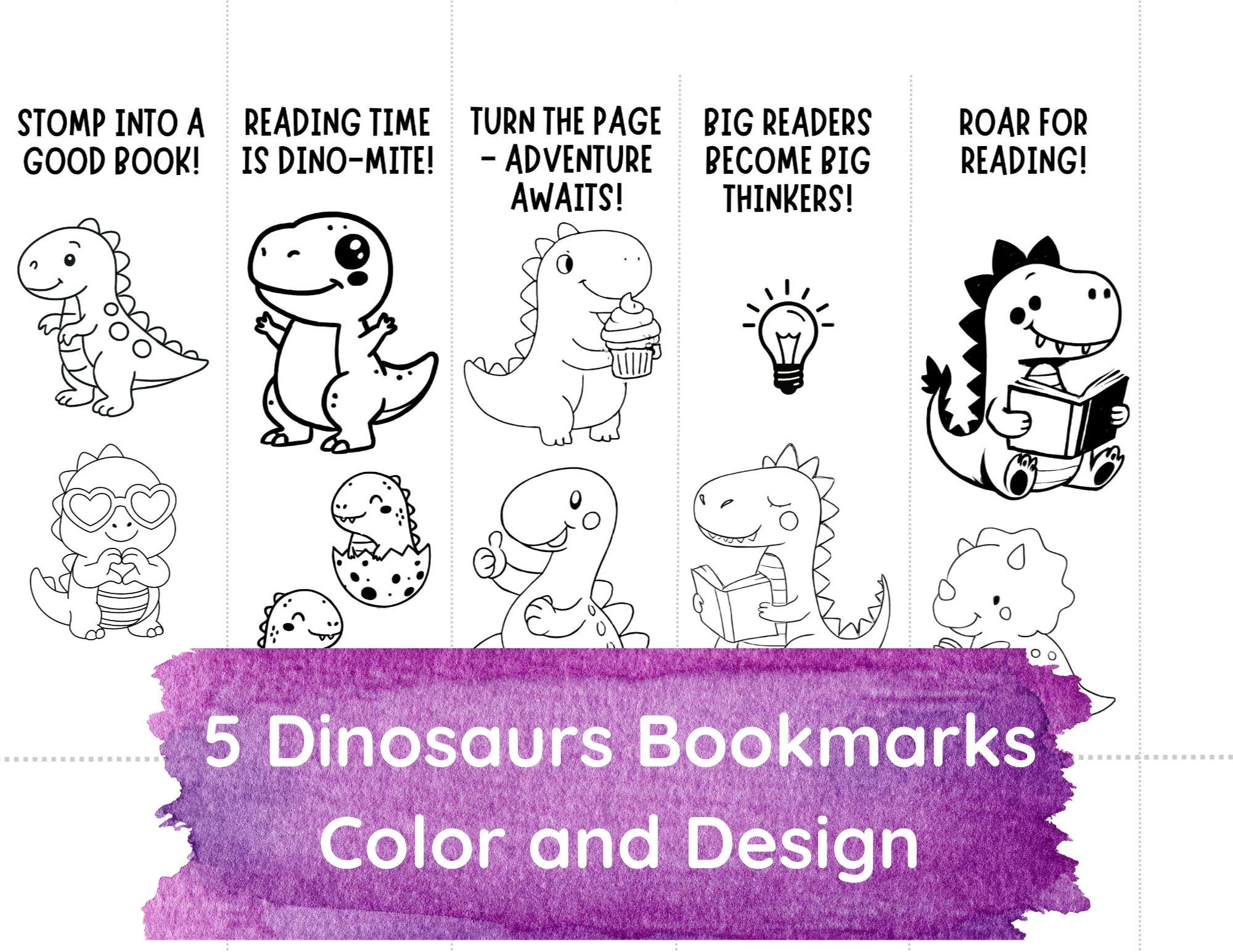 Dinosaur Coloring Bookmarks — 5 Printable Friendly Dino Bookmarks (8 ...
