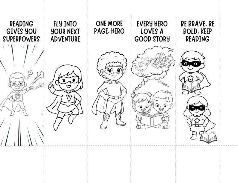 Superhero Coloring Bookmarks — 5 Printable Bookmarks (8.5x11 Sheet) - Etsy