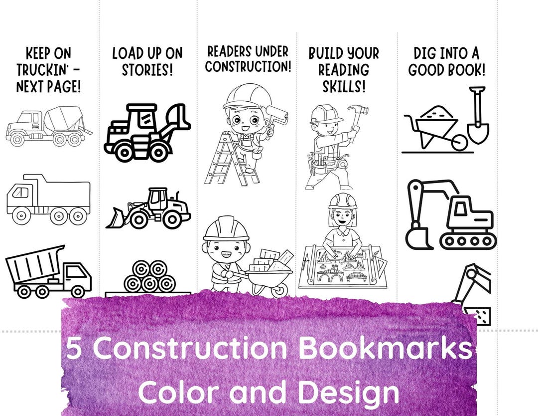 Construction Coloring Bookmarks — 5 Printable Bookmarks (8.5x11 Sheet ...