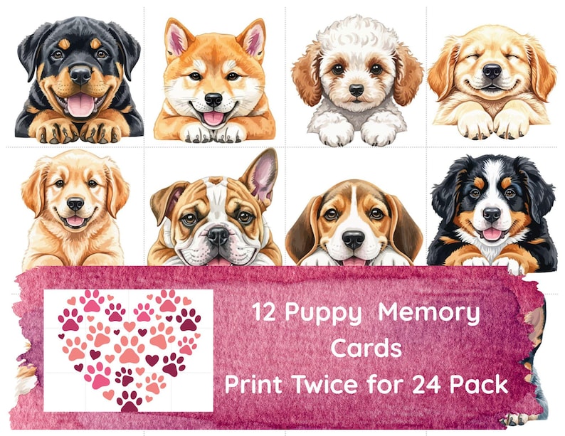Puppy Memory Game — Printable Kids Matching Card Game (digital Download ...