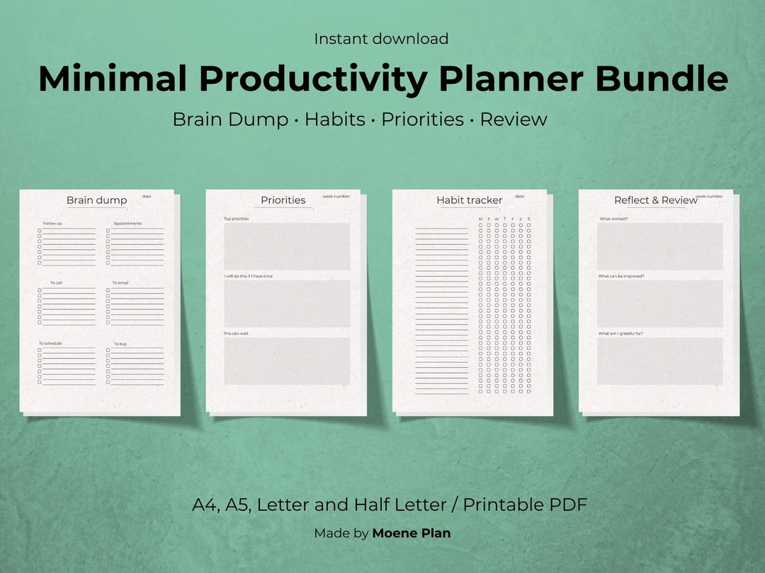 Minimal Productivity Printable Bundle Brain Dump Habit Tracker ...
