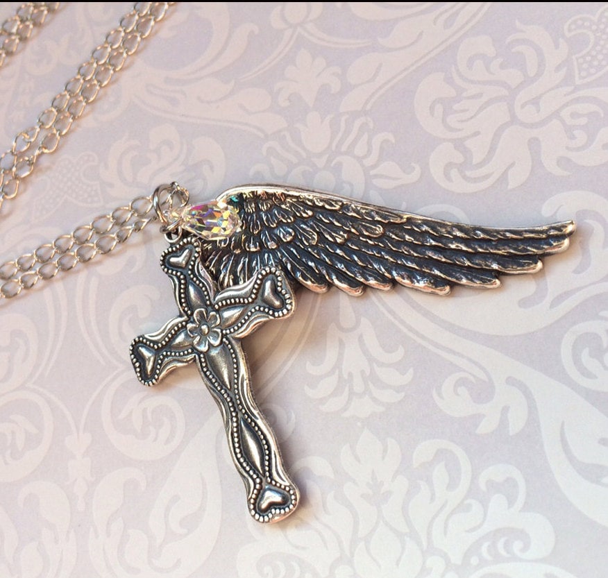 Wing Cross Necklace, Silver Angel Wing Jewelry, Silver Cross Necklace ...