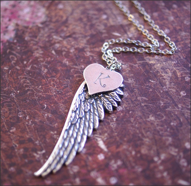 Angel Wing Necklace -HANDSTAMPED Initial Jewelry- Perfect PERSONALIZED ...