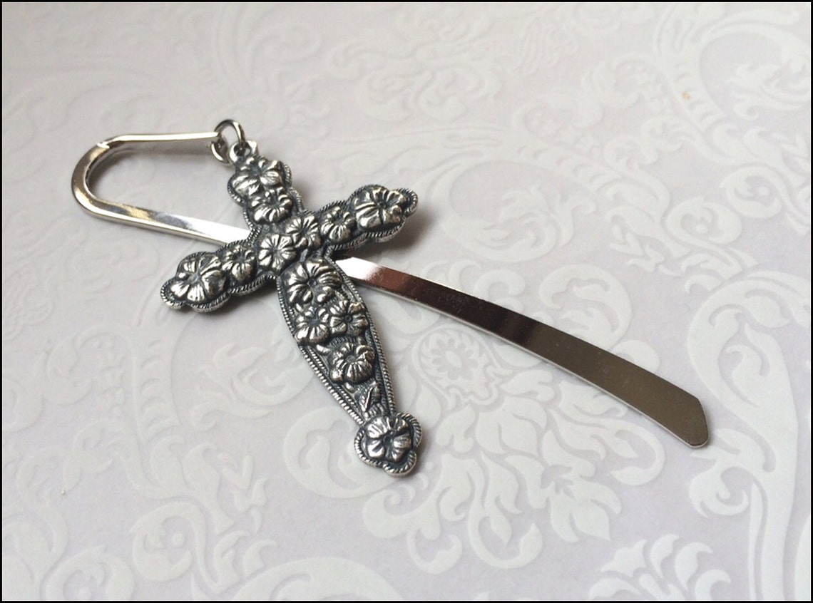 Silver Cross Bookmark, FLORAL DETAILED CROSS Book Mark, Silver Cross ...