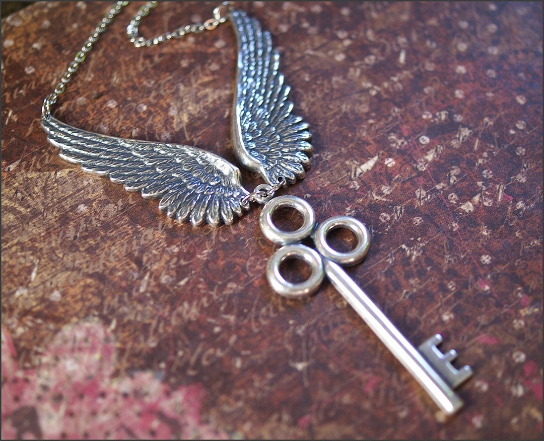 Wing Key Necklace -large SKELETON Key W/ ANGEL WING Pendants- Gorgeous ...