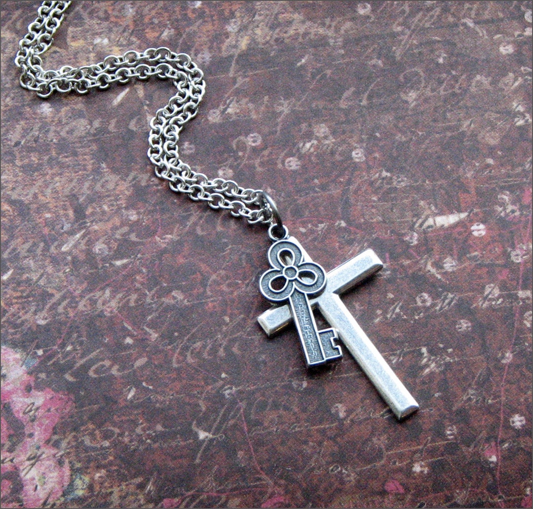 Cross Key Necklace Silver Faith Religious Statement Jewelry -class ...