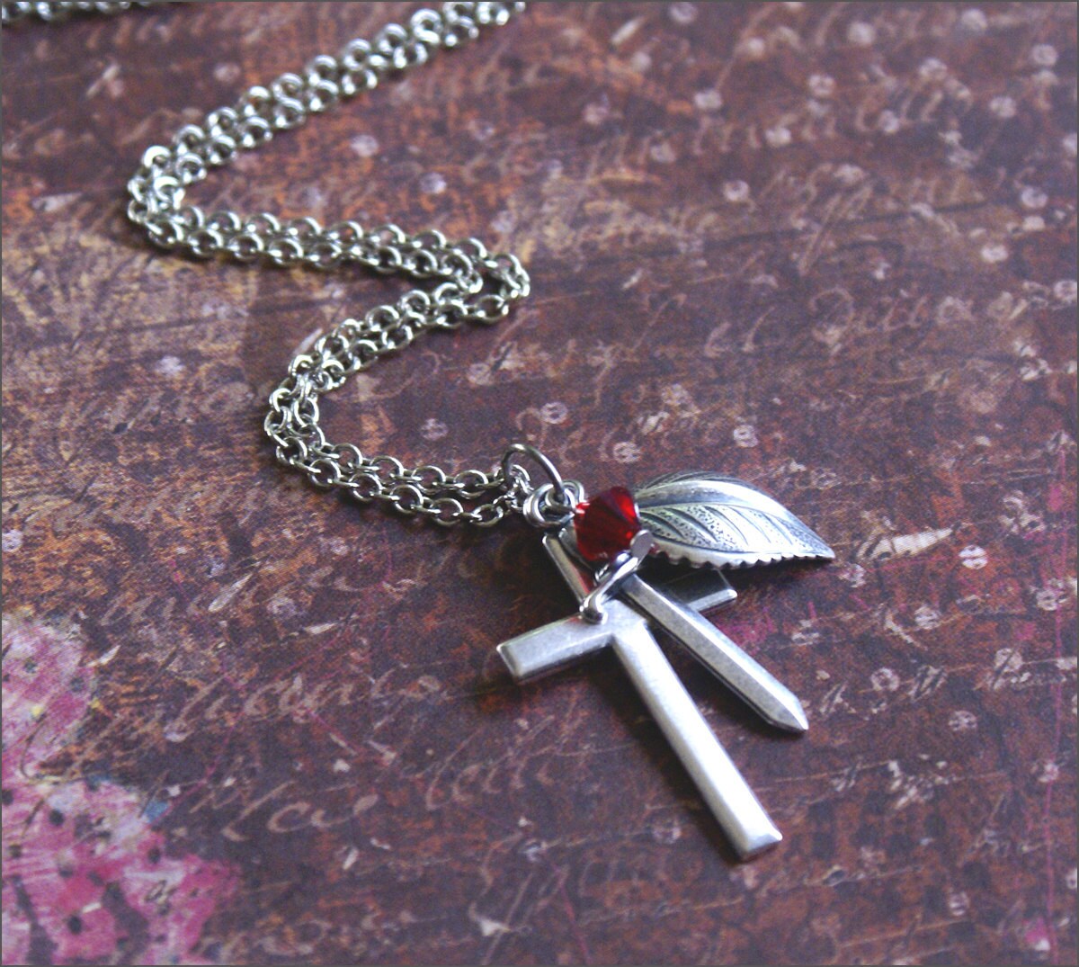 Silver Cross Necklace Dagger Pendant TWILIGHT Blood Red | Etsy