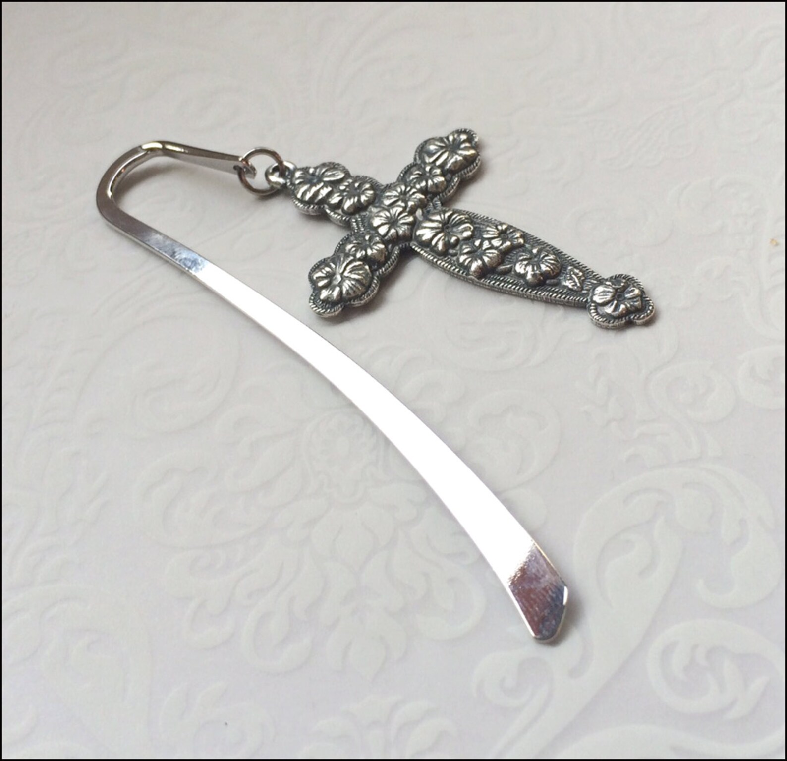 Silver Cross Bookmark, FLORAL DETAILED CROSS Book Mark, Silver Cross ...