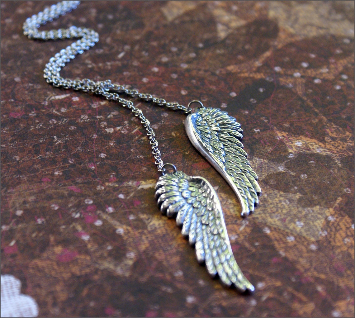 Angel Wing Necklace Lariat Style -30" Chain- Silver Wings, Large Angel ...