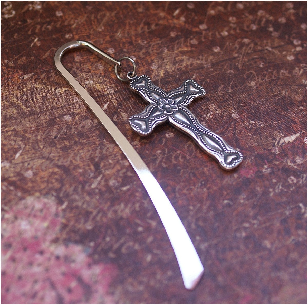 Silver Cross Bookmark DETAILED FLORAL CROSS Pendant Book - Etsy