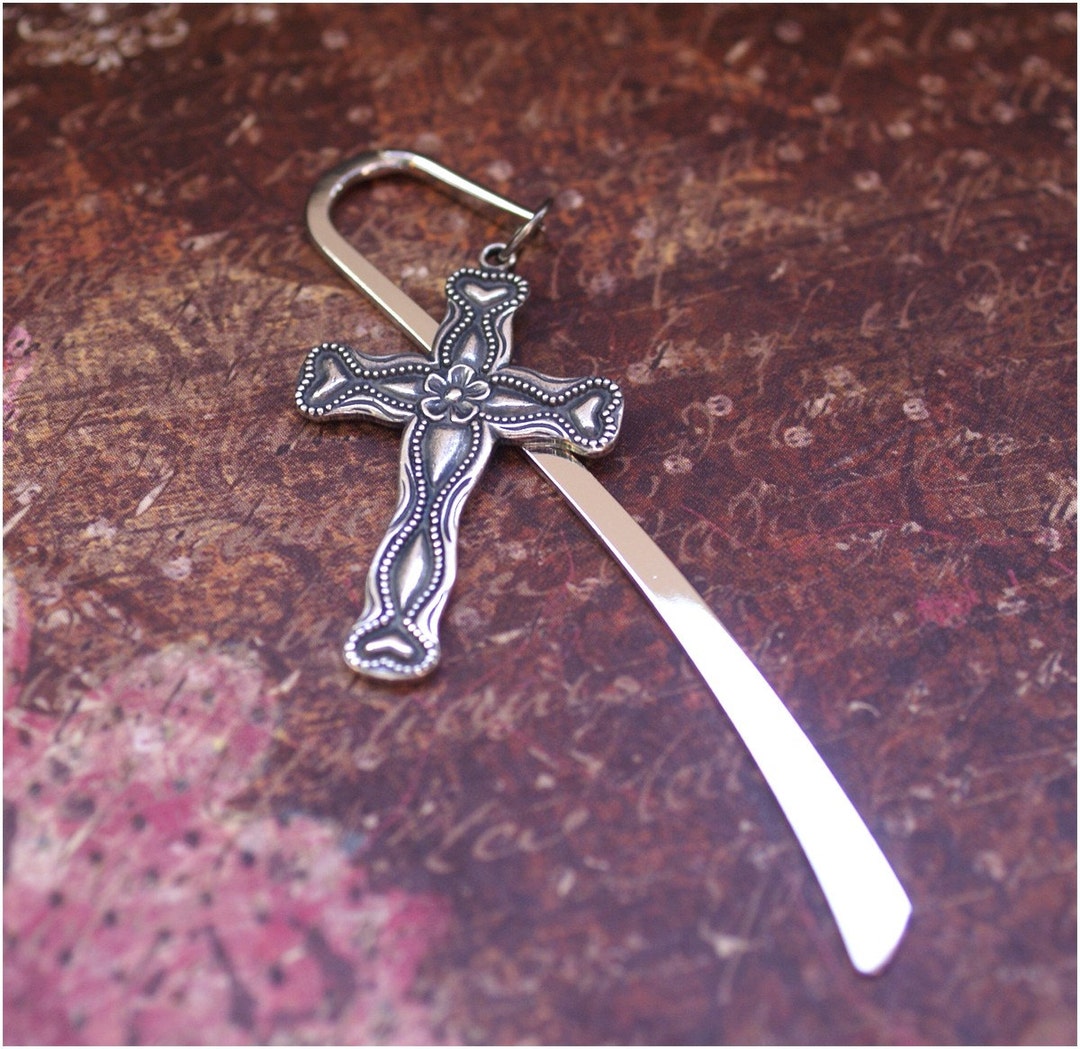 Silver Cross Bookmark -DETAILED FLORAL CROSS- Pendant Book Marker ...