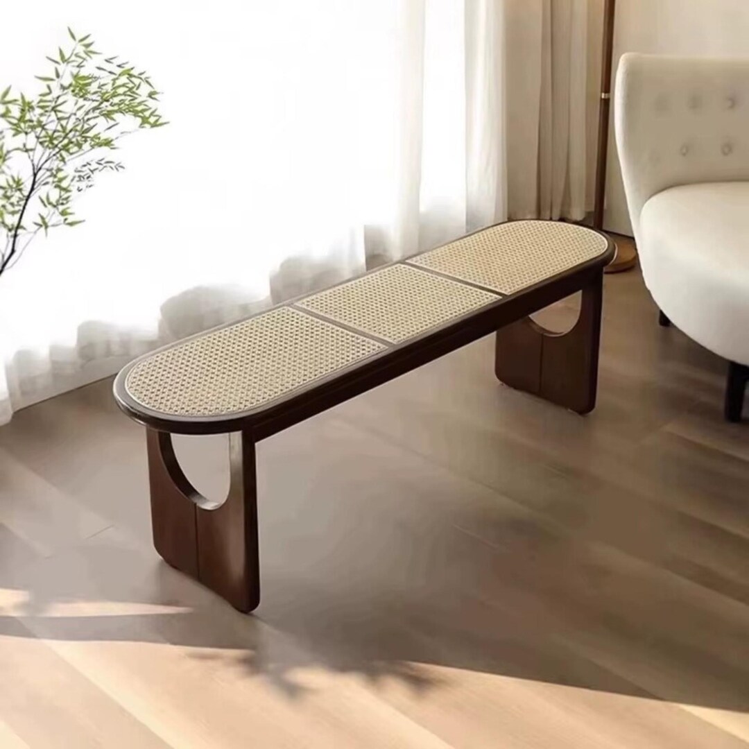 Wood Dining Bench Stool Wicker Seat Solid Wood - Etsy