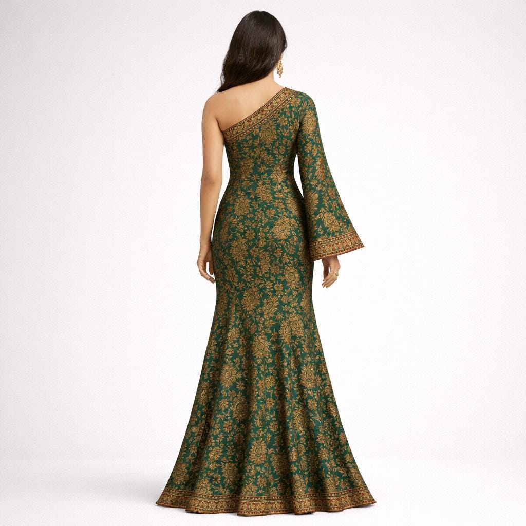 Indian Inspired One Shoulder Dress Sewing Pattern, Bell Sleeve Style ...