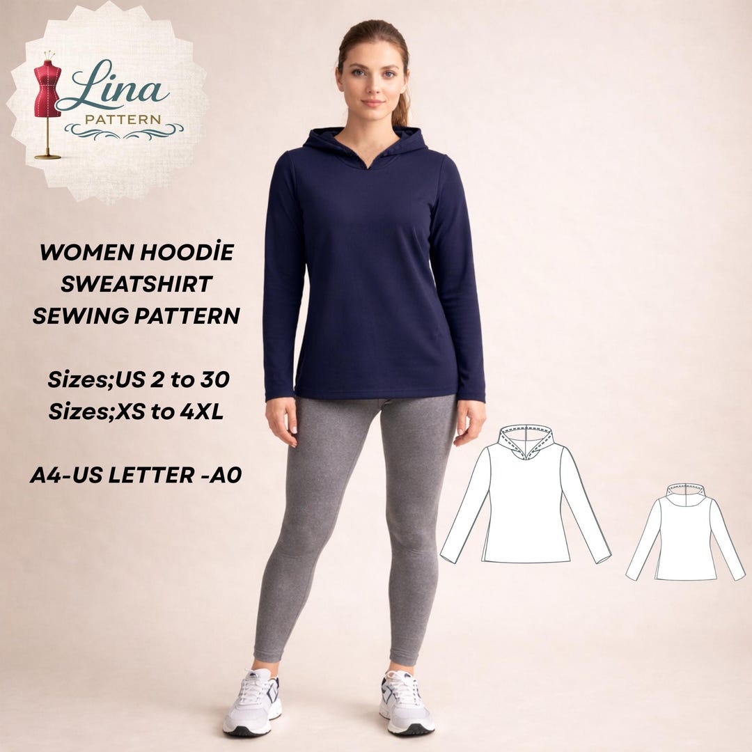 Women Hoodie Sweatshirt Sewing Pattern, Relaxed Fit Long Sleeve ...
