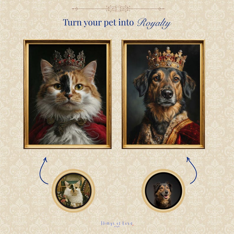 Princess Cat Portrait From Photo, King Queen Cat Wall Art, Vintage Pet ...