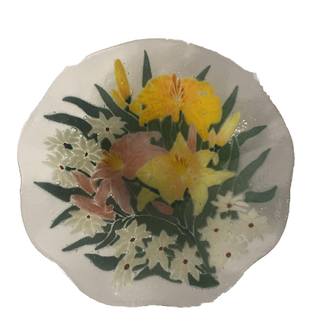 Peggy Karr Signed Fused Art Glass Tropical Floral Daisy Ruffled Bowl 11 ...
