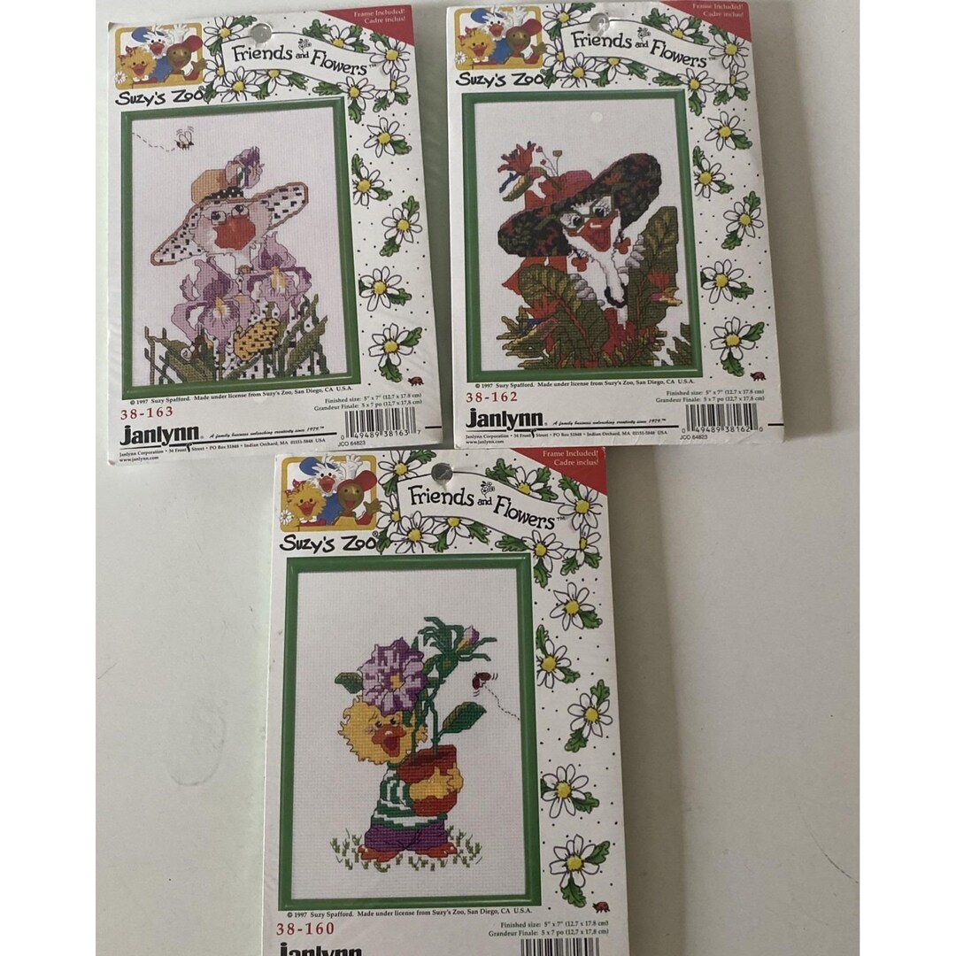 Lot 3 90's Janlynn Suzy's Zoo Friends & Flowers Cross Stitch Kit 5x7" W ...