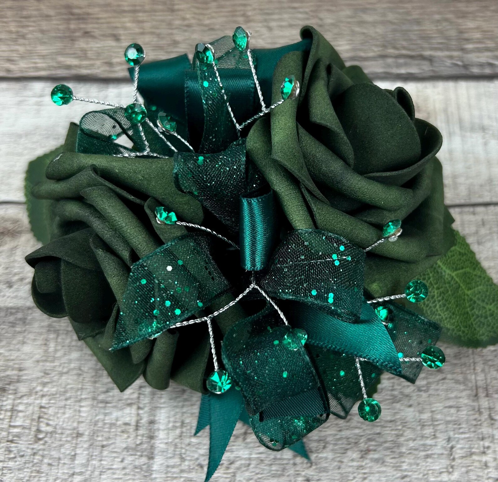 Hunter Green Prom Flowers W Bling Emerald Wrist Corsage or Bout Green ...