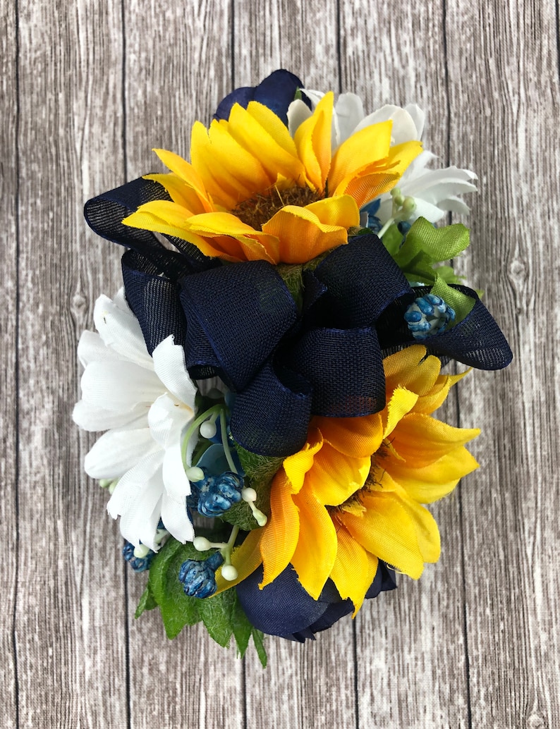 Artificial Navy Sunflower And Daisy Bridal Bouquets Blue Etsy