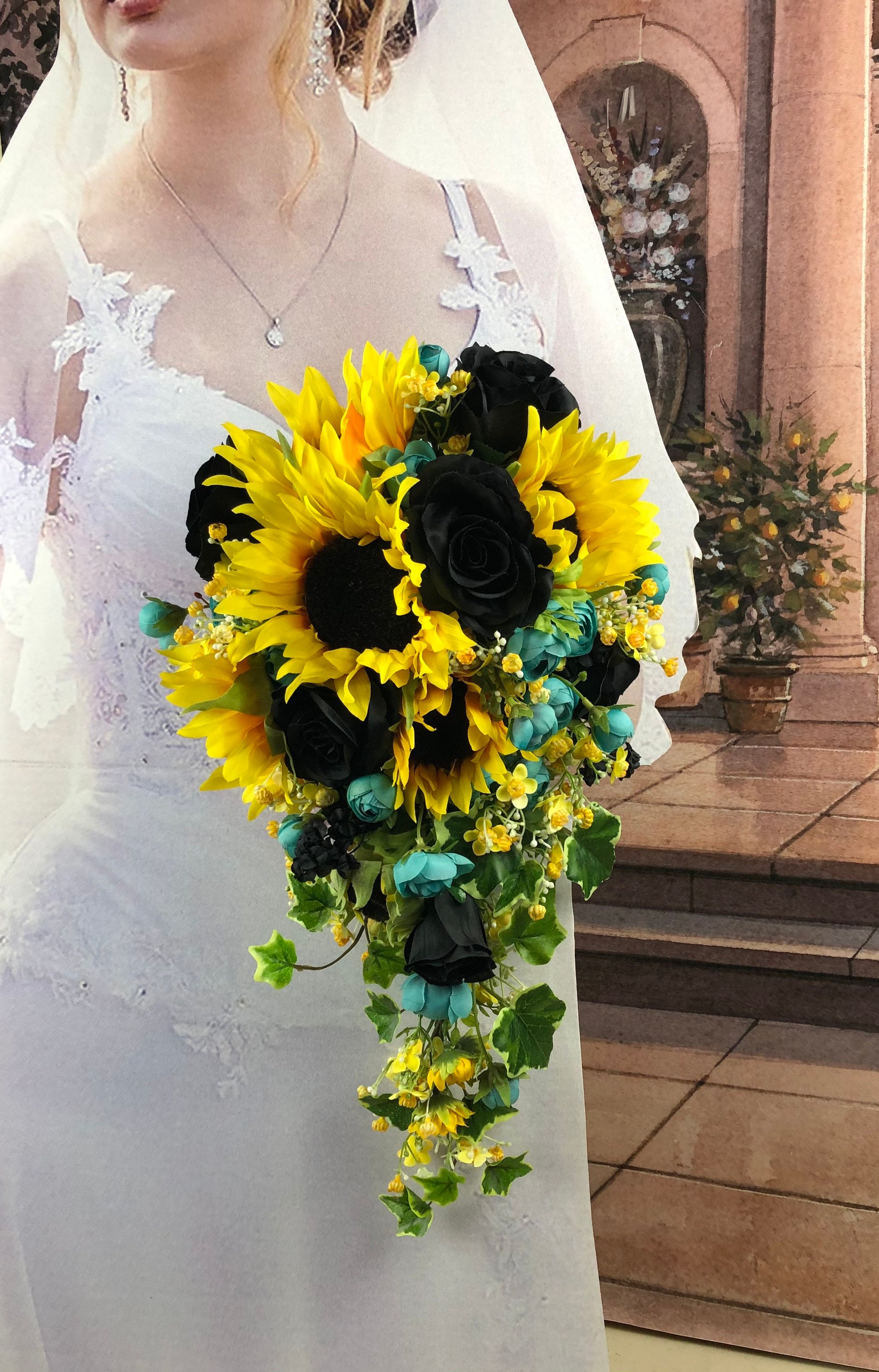 Artificial Sunflower Turquoise and Black Bridal Bouquets | Etsy