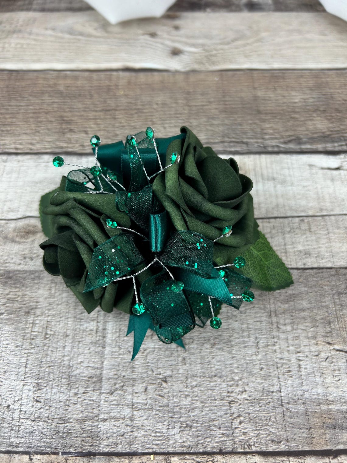 Hunter Green Prom Flowers W Bling Emerald Wrist Corsage or Bout Green ...