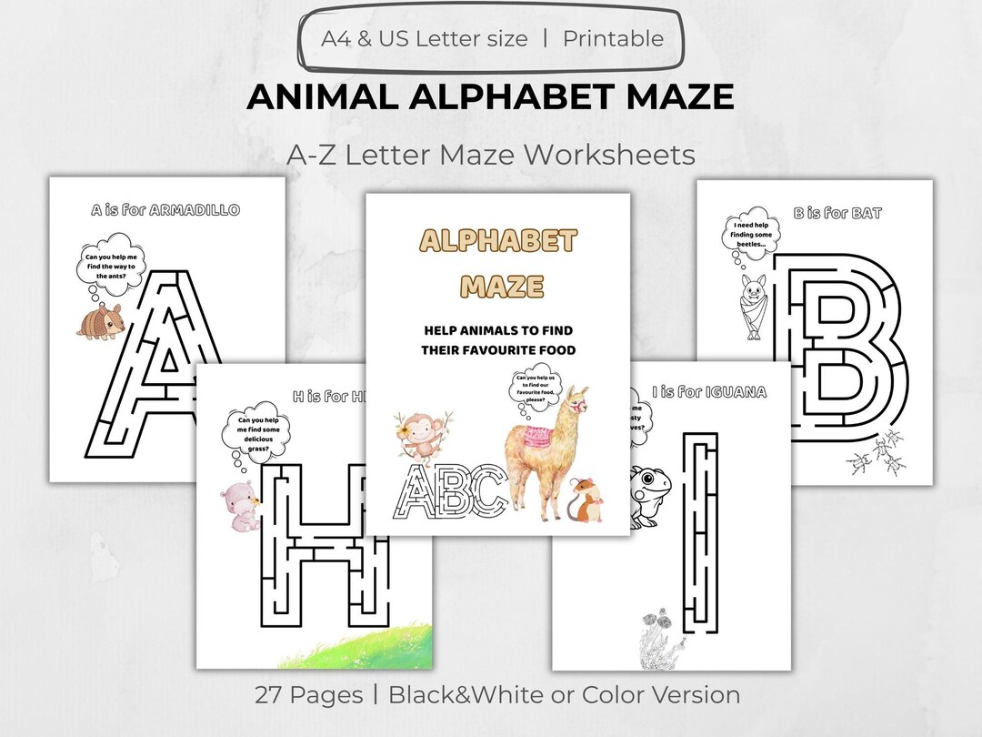 Animal Alphabet Maze Worksheets, A-Z Letter Mazes, Preschool Learning ...