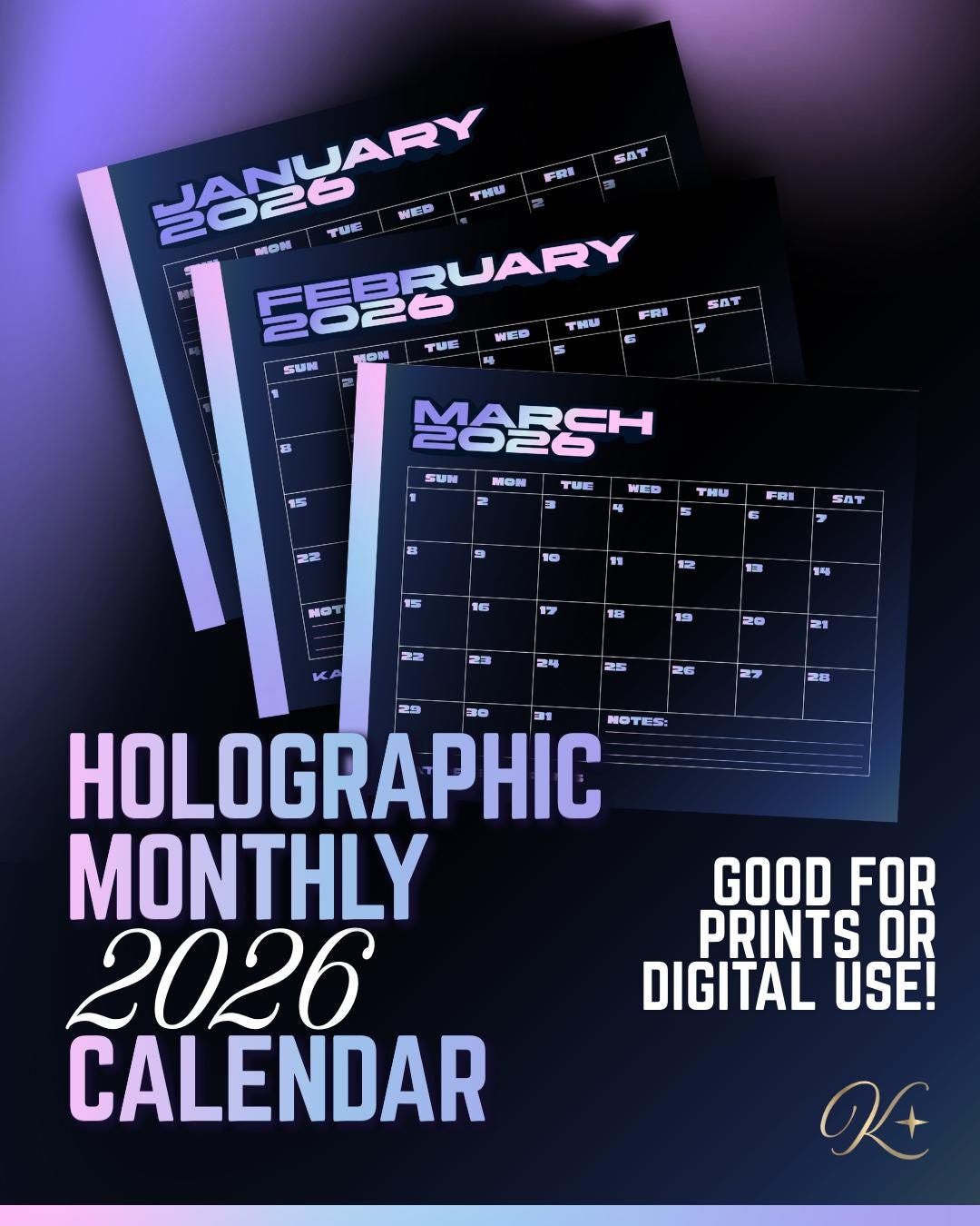 2026 Holographic Monthly Calendar | Futuristic Neon Planner | Printable ...