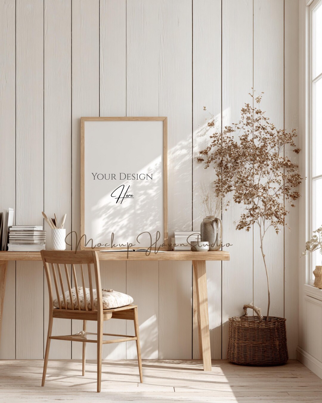 Frame Mockup – Neutral Home Office Desk With Shiplap Wall, Vertical ...